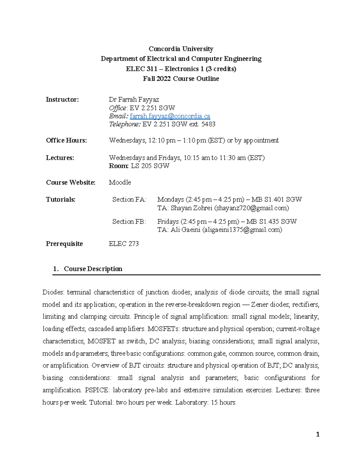 Course Outline - Concordia University Department of Electrical and ...