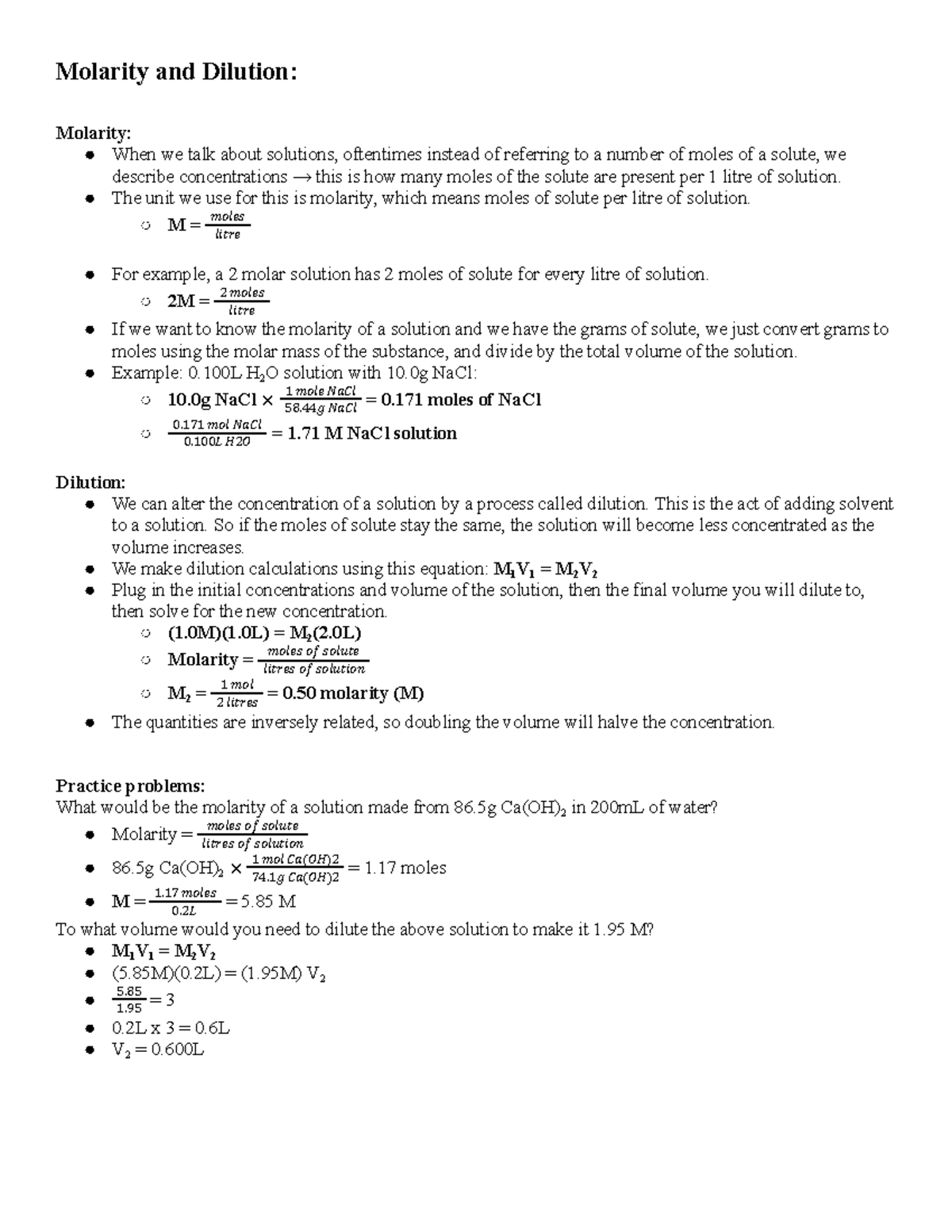 7. Molarity and Dilution - Molarity and Dilution: Molarity: When we ...