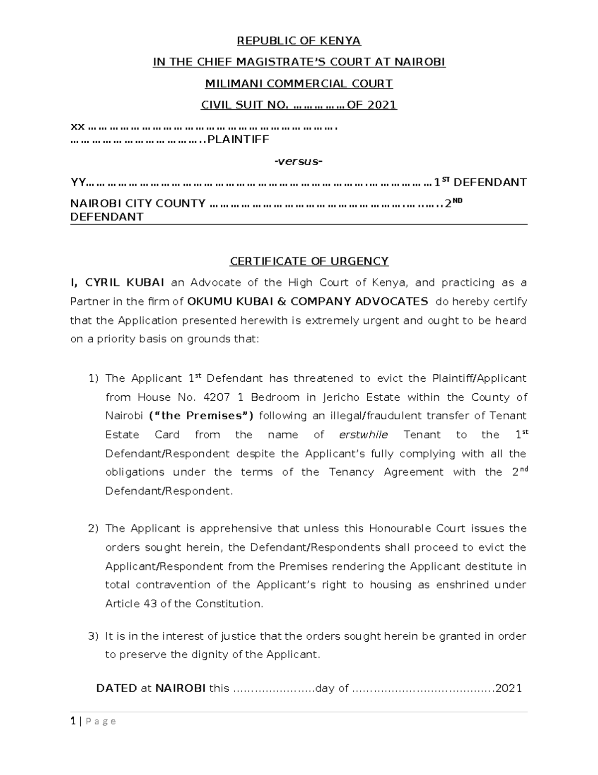 Notice of Motion - Application - REPUBLIC OF KENYA IN THE CHIEF ...