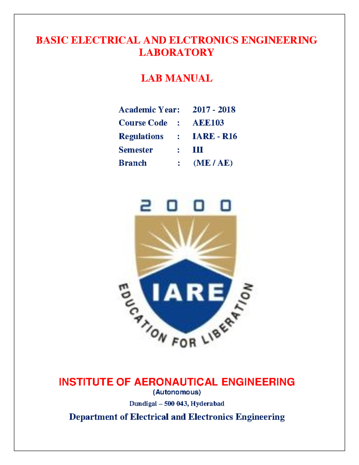 BEE LAB Manual 0 pdf Electrical LAB - BASIC ELECTRICAL AND ELCTRONICS ENGINEERING LABORATORY LAB ...