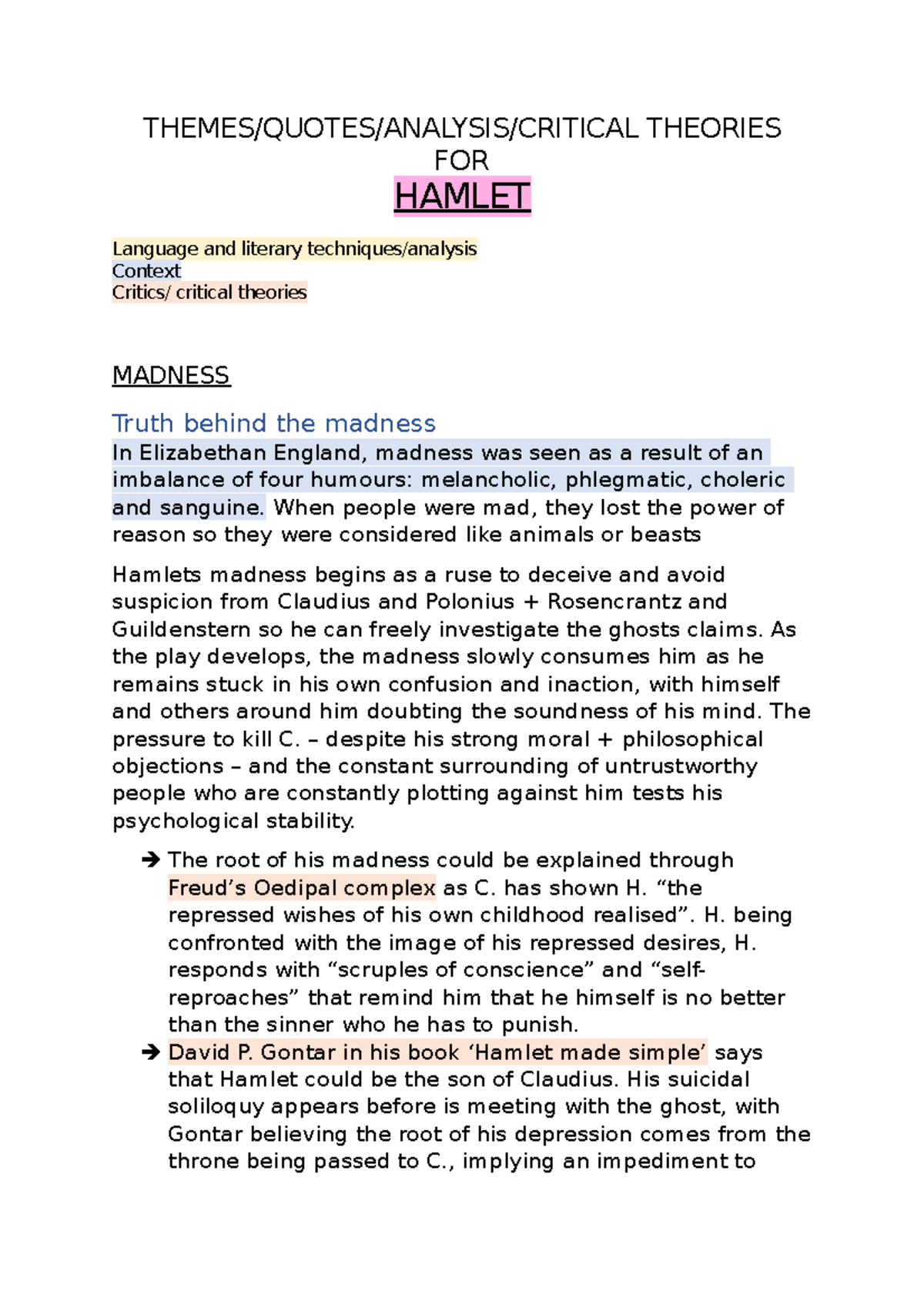 Themes, critical theories and analysis of hamlet - THEMES/QUOTES ...