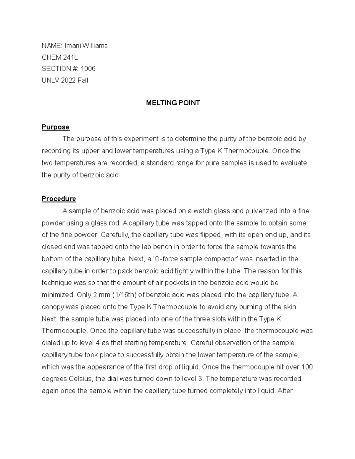 Lab Report #2 - NAME: Imani Williams CHEM 241L SECTION #: 1006 UNLV ...