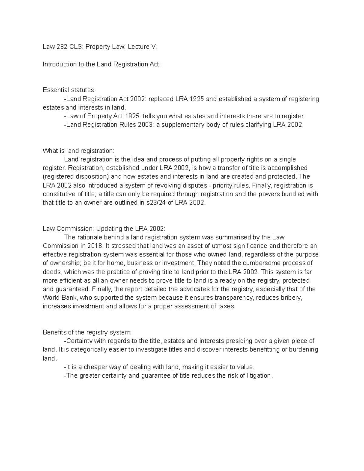 Lecture 5 - Land Registration Act - Law 282 CLS: Property Law: Lecture ...