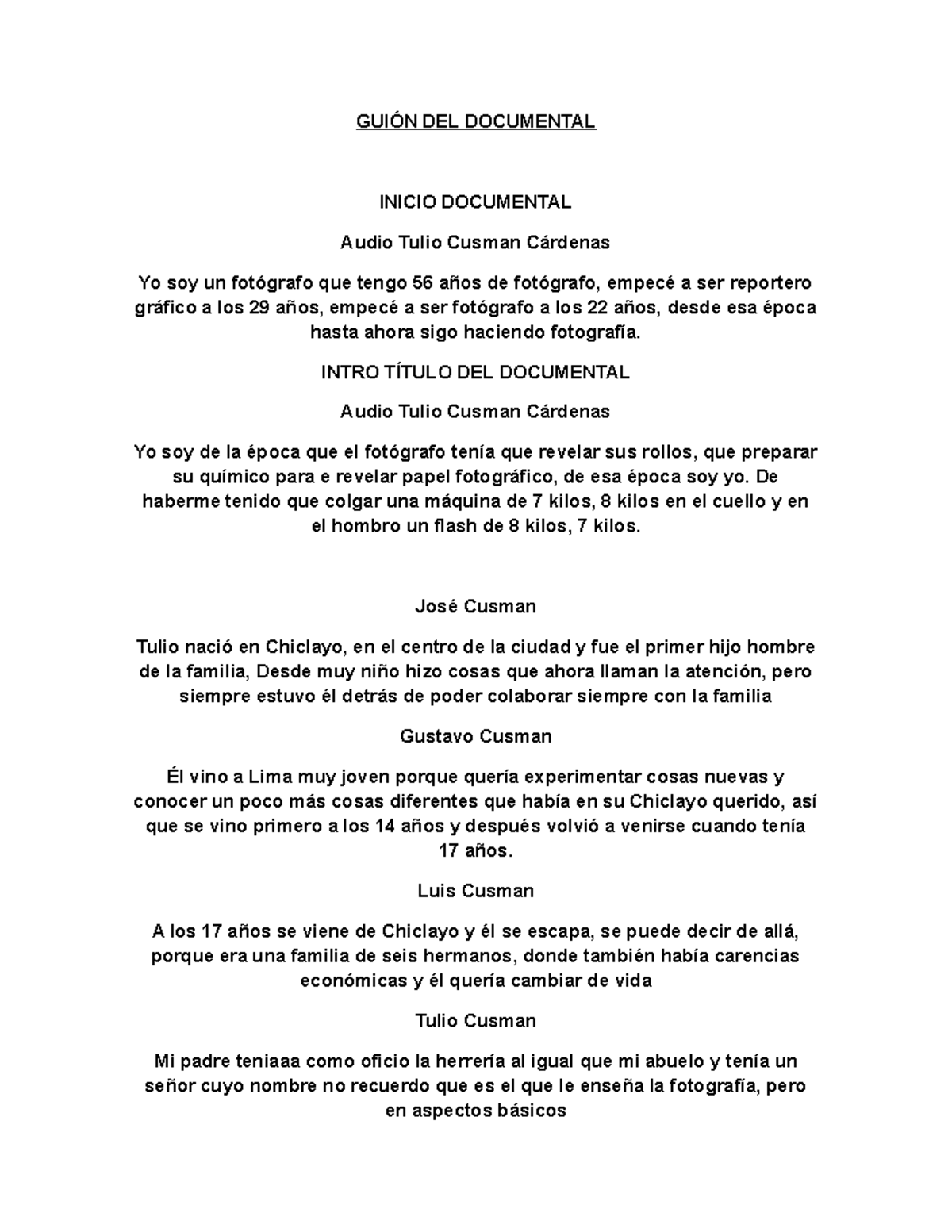 Guión DEL Documental - DEL DOCUMENTAL INICIO DOCUMENTAL Audio Tulio ...