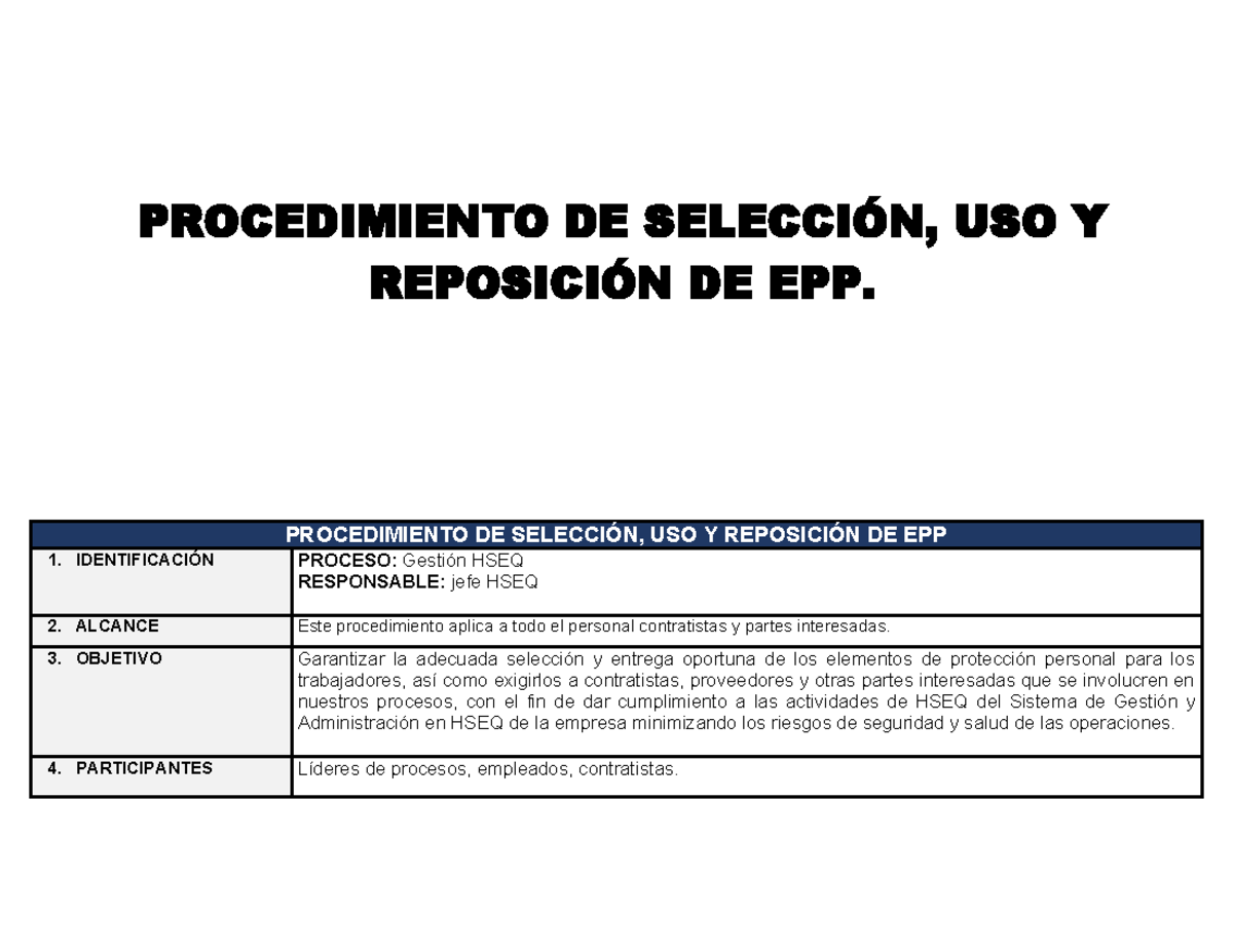 Procedimiento Seleccion USO Y Repocision EPP - PROCEDIMIENTO DE SELECCIÓN, USO Y REPOSICIÓN DE ...