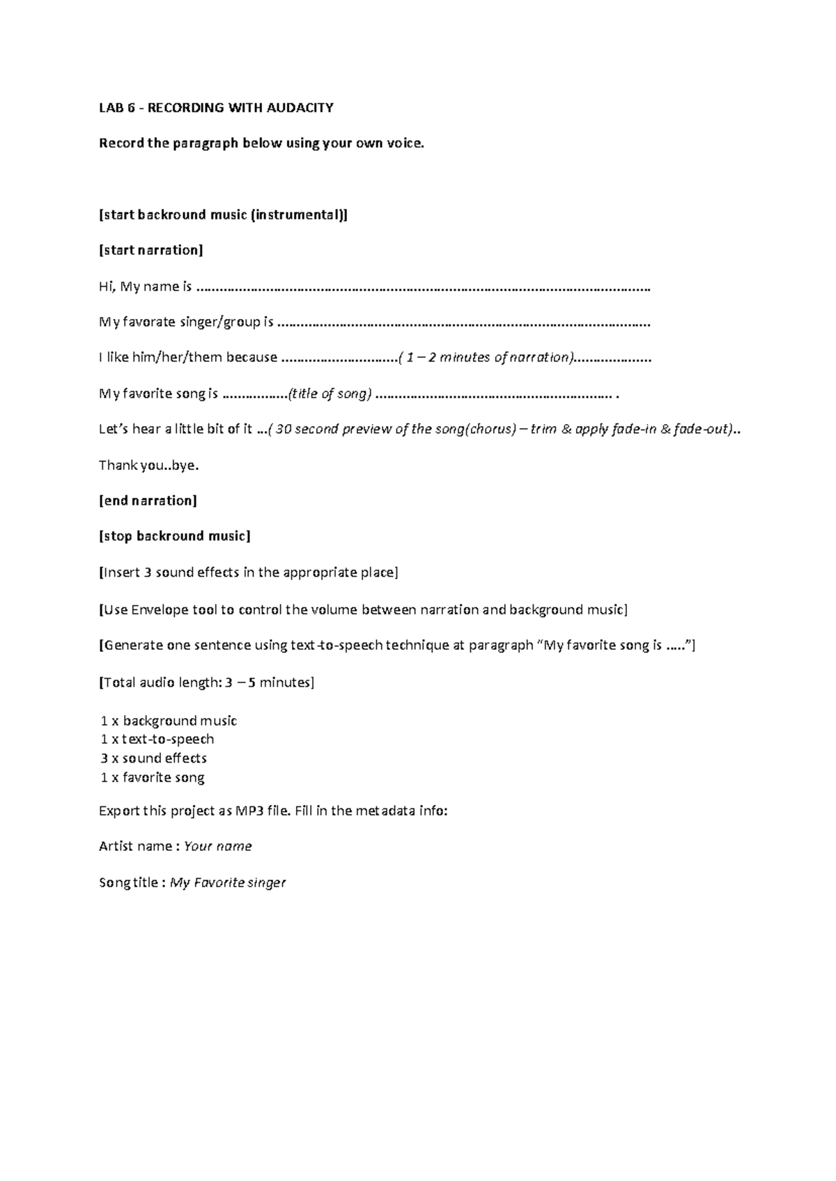 Lab 6 - Recording with Audacity - LAB 6 - RECORDING WITH AUDACITY ...