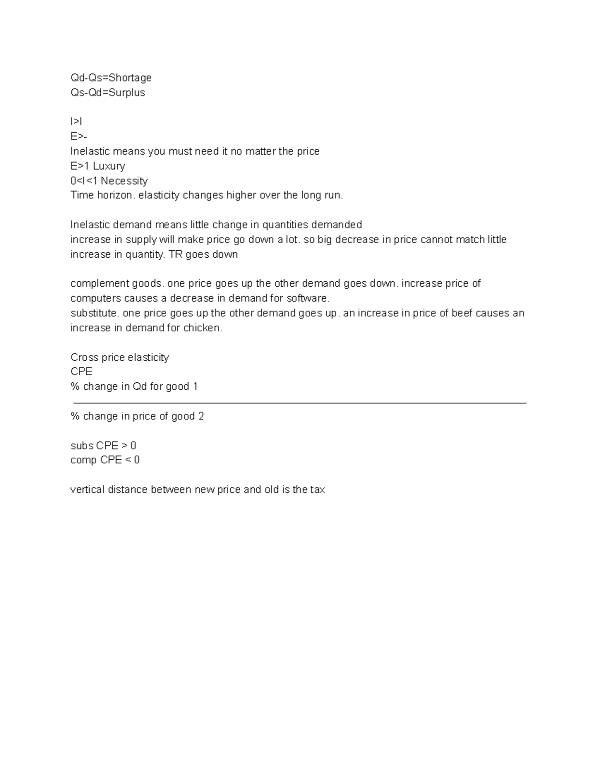 Eco 1001 - class notes - Qd-Qs=Shortage Qs-Qd=Surplus I>I E>- Inelastic ...