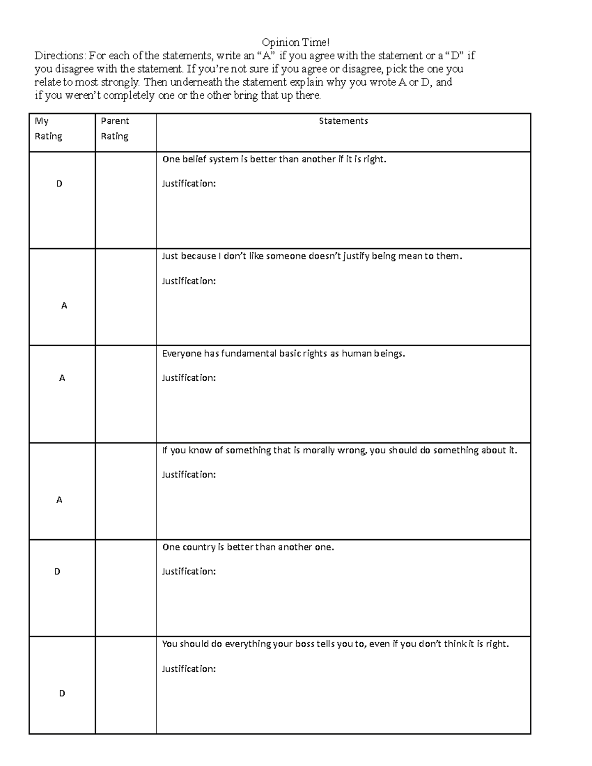 Noble's Copy of Pre reading opinion - Opinion Time! Directions: For ...