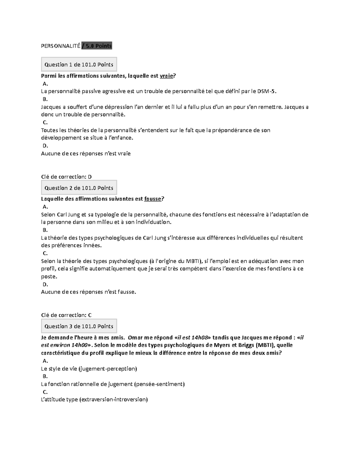 Comportements et Relations humaines - Personnalité et perception Quiz ...