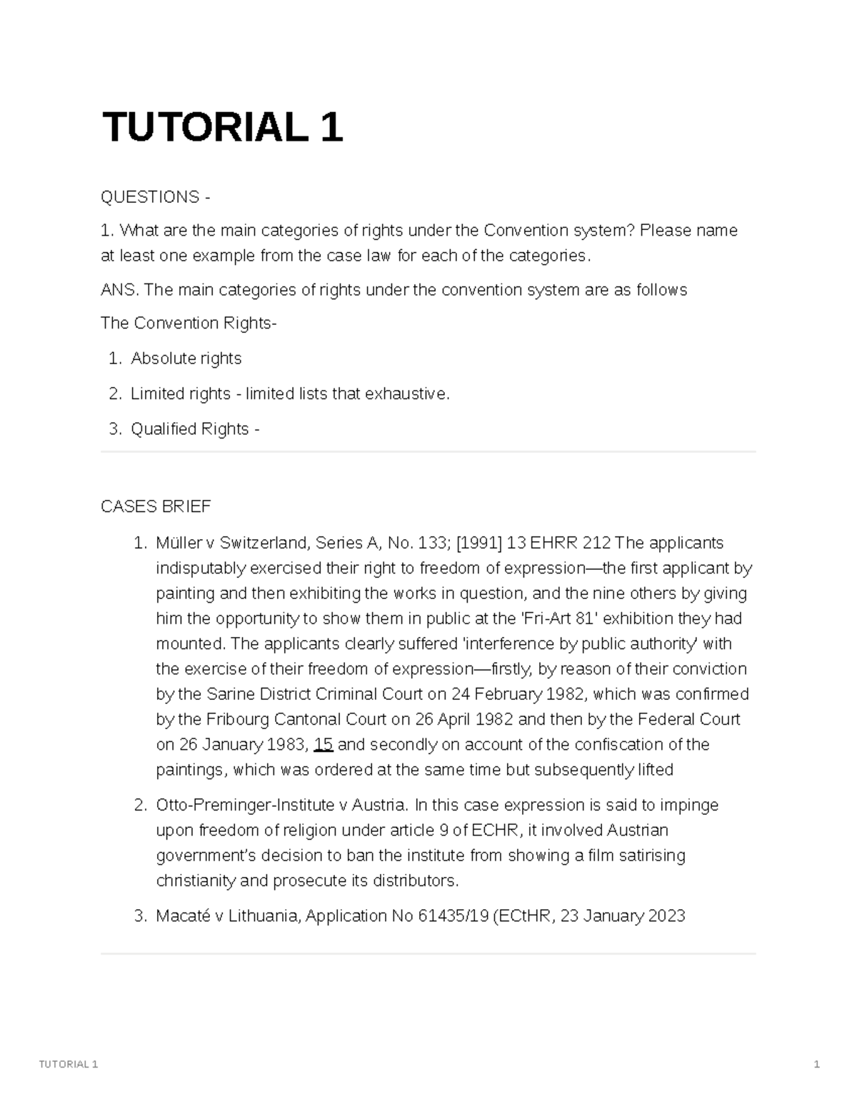 Tutorial 1 - TUTORIAL 1 QUESTIONS - What are the main categories of ...