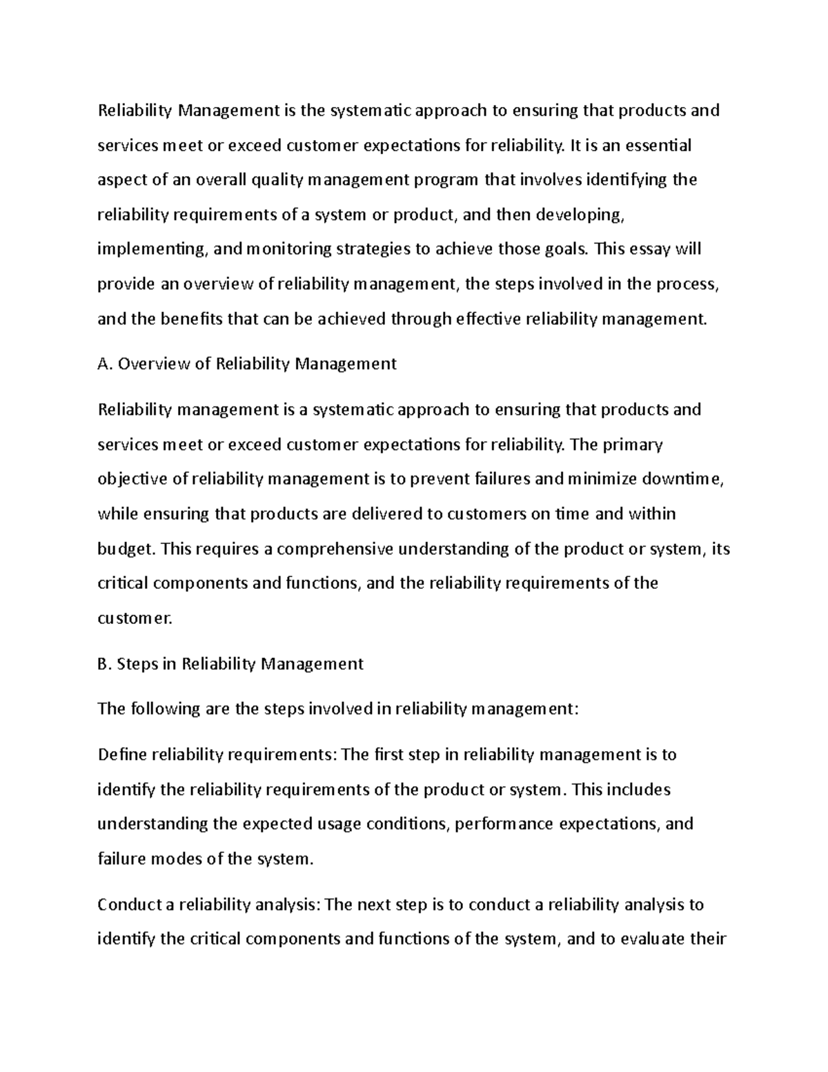 Reliability Management notes - It is an essential aspect of an overall ...