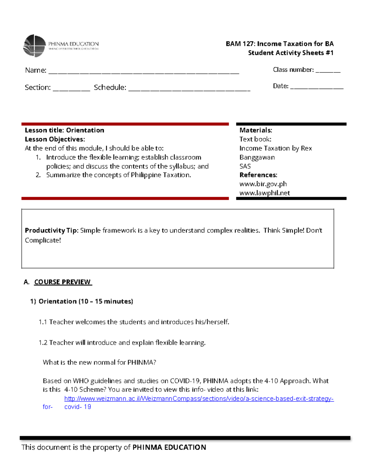 BAM-127-Day-1 SAS - Taxation - Student Activity Sheets Name: - Studocu