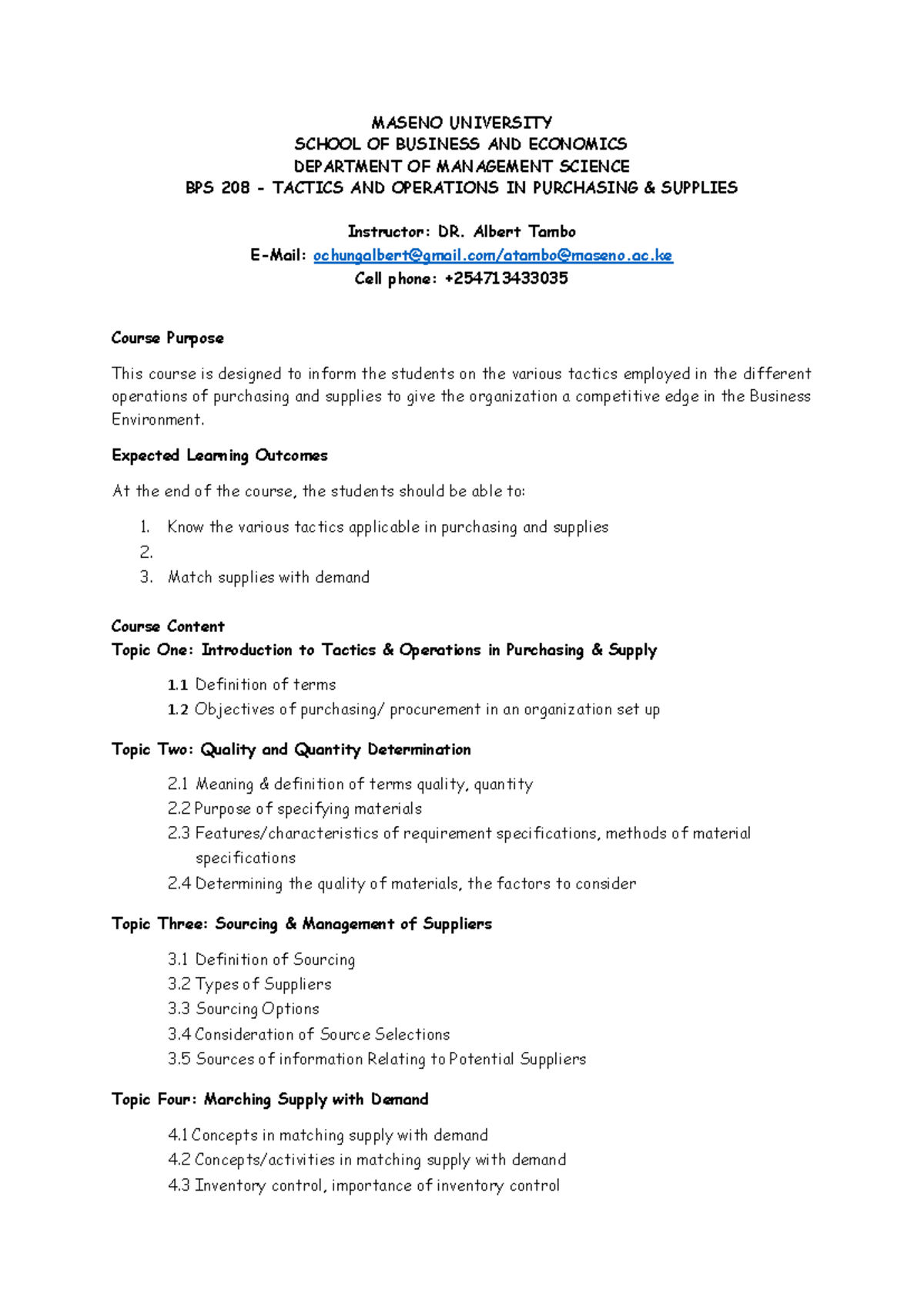 BPS 208 - Tactics & Operations in SCM - Course Outlines - MASENO ...