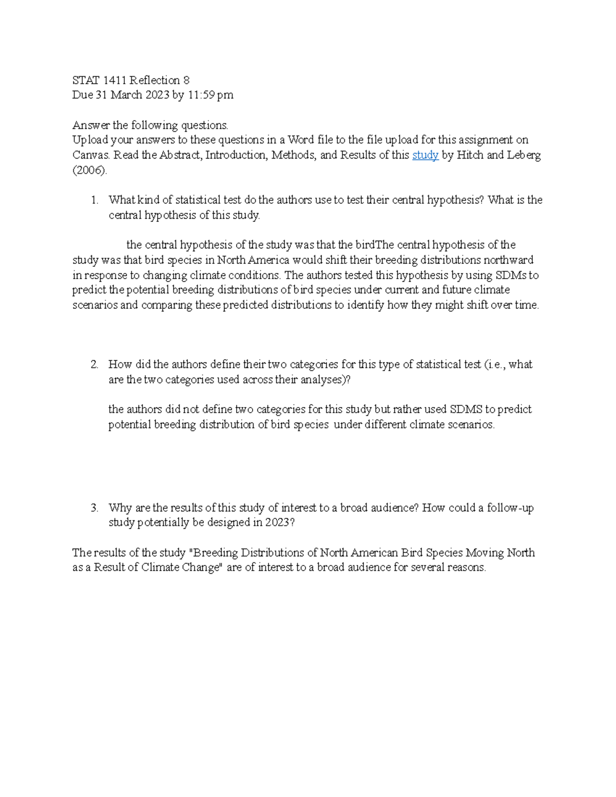 Reflection 8 - assignment - STAT 1411 Reflection 8 Due 31 March 2023 by ...