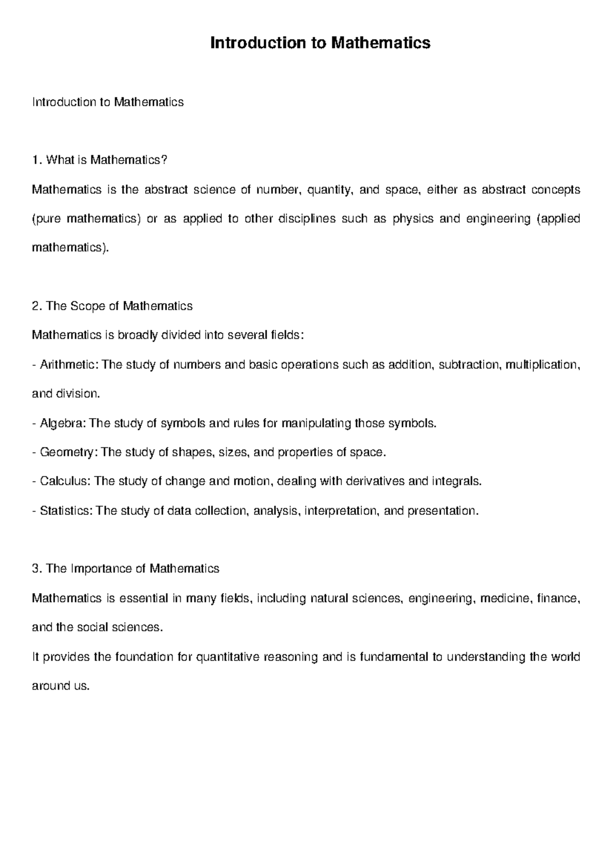 Introduction to Mathematics - Introduction to Mathematics Introduction ...