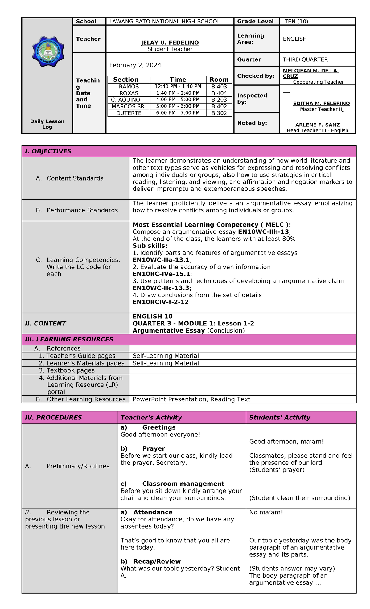 Day 3 lesson 1-2 - School Paper - Daily Lesson Log School LAWANG BATO ...