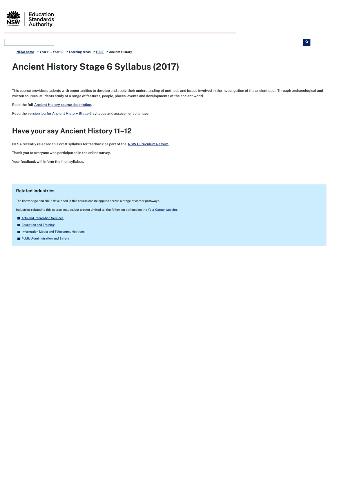 Anicient history syallabus - NESA home > Year 11 – Year 12 > Learning ...