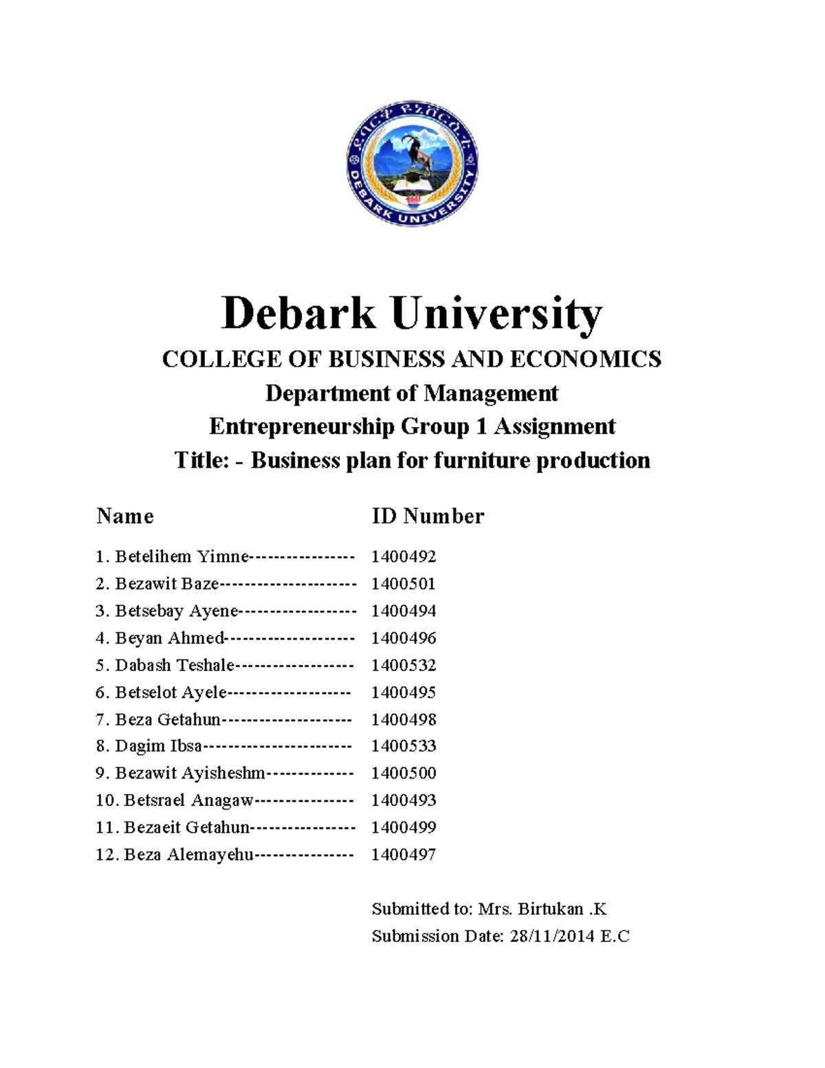 Group 1 - hfhh - Debark University COLLEGE OF BUSINESS AND ECONOMICS ...