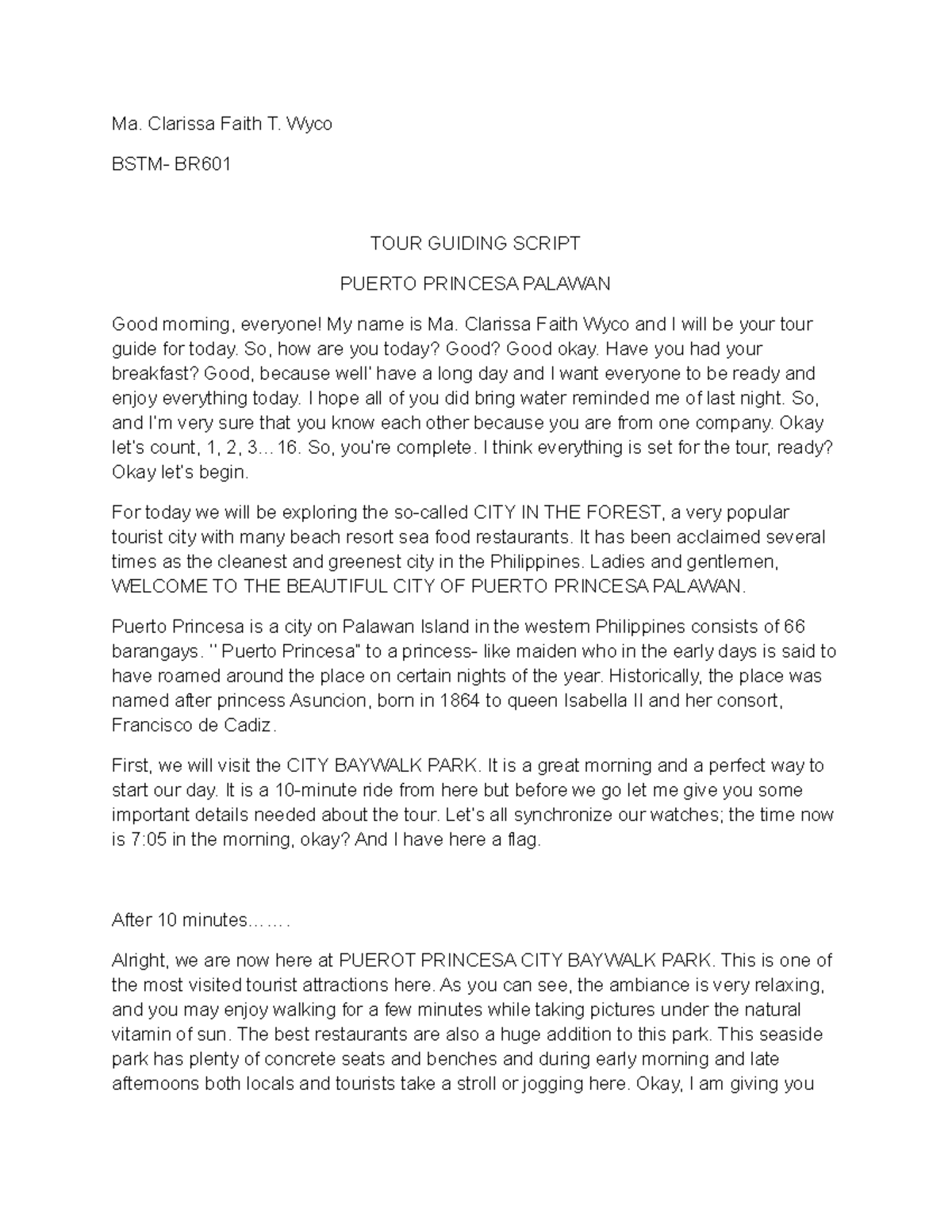Tourguide Script Submit BY WYCO - Ma. Clarissa Faith T. Wyco BSTM- BR ...