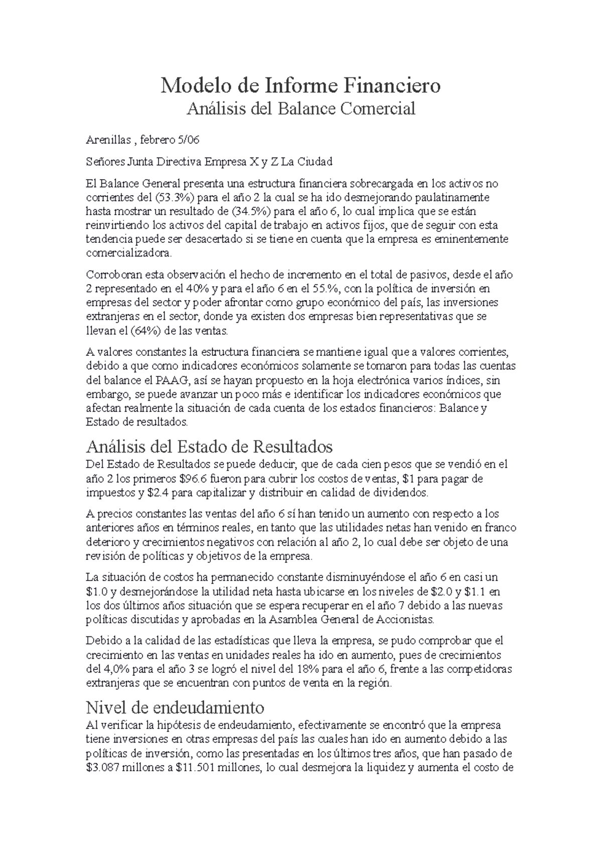 Modelo de Informe Financiero - Modelo de Informe Financiero Análisis del Balance Comercial ...