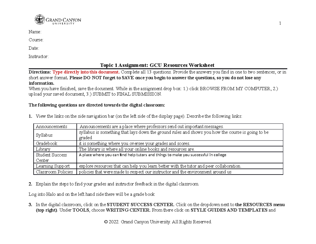 UNV-103 Topic 1 Assignment - Name: Course: Date: Instructor: Topic 1 ...