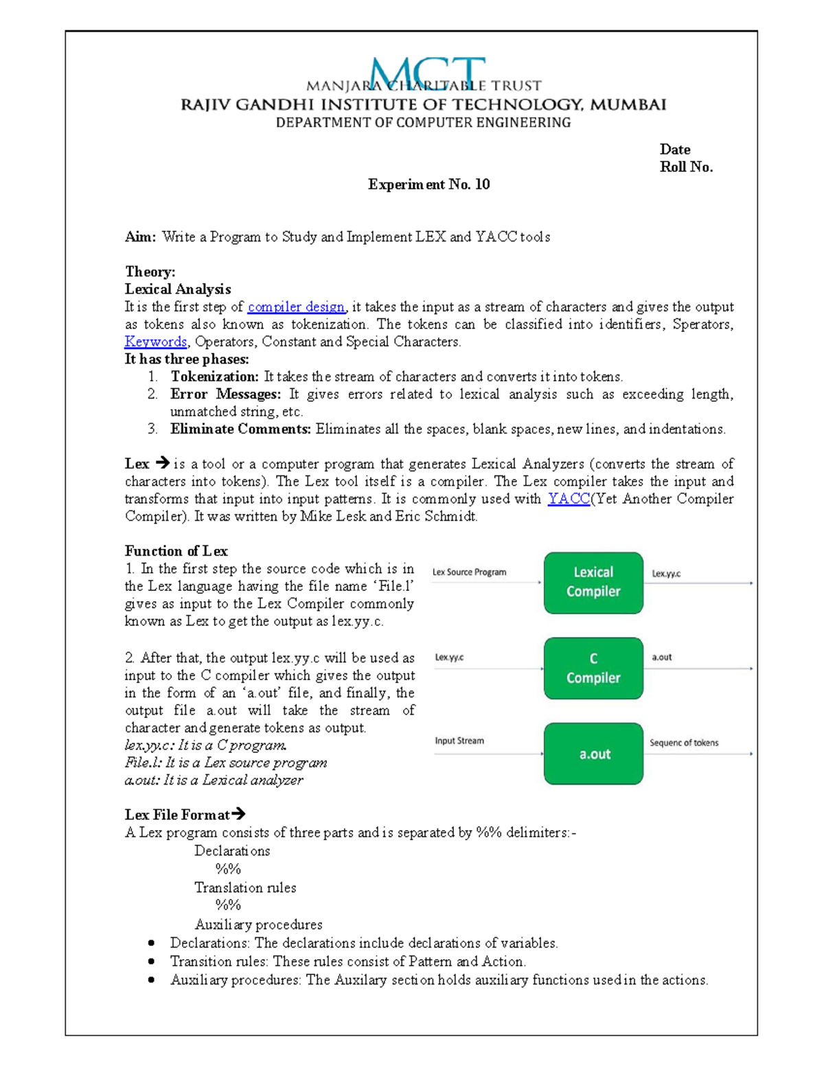Exp10 3 System Programming And Compiler Design Date Roll No Experiment No 10 Aim Write A
