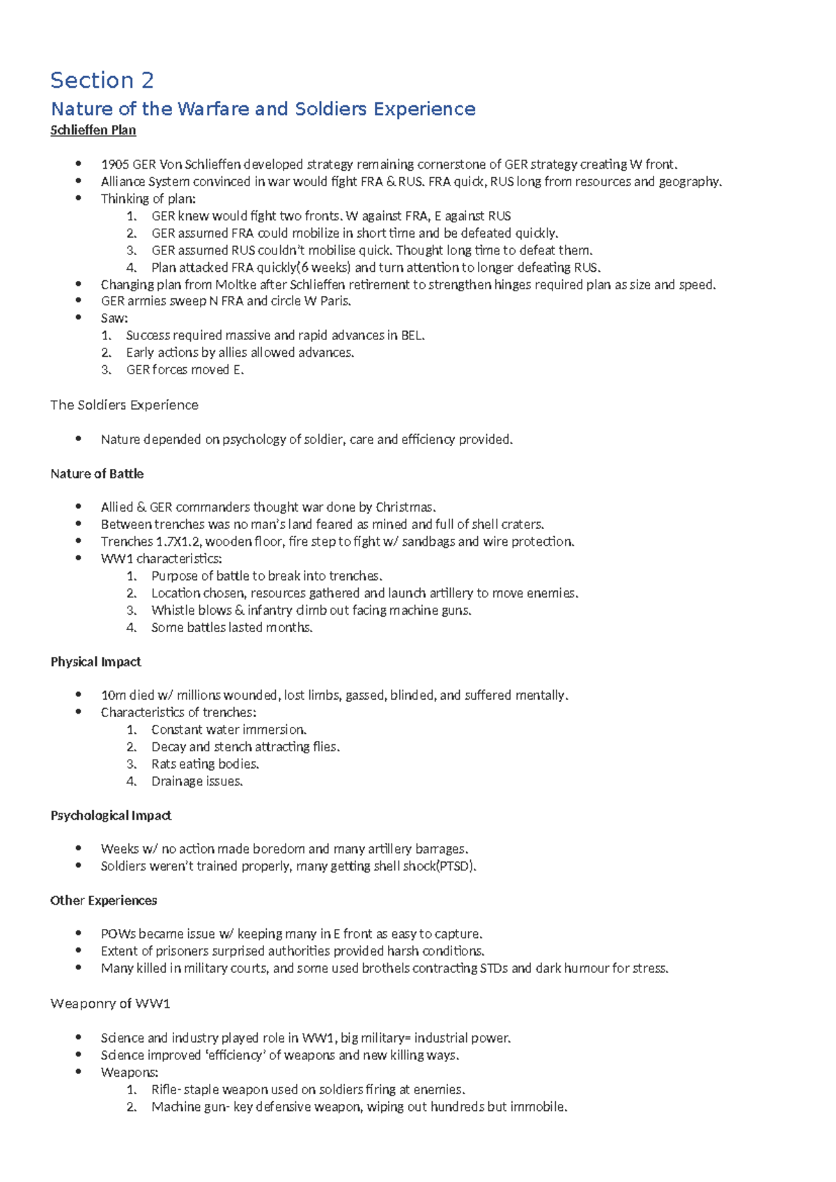 Section 2-WW1 - Notes - Section 2 Nature of the Warfare and Soldiers ...