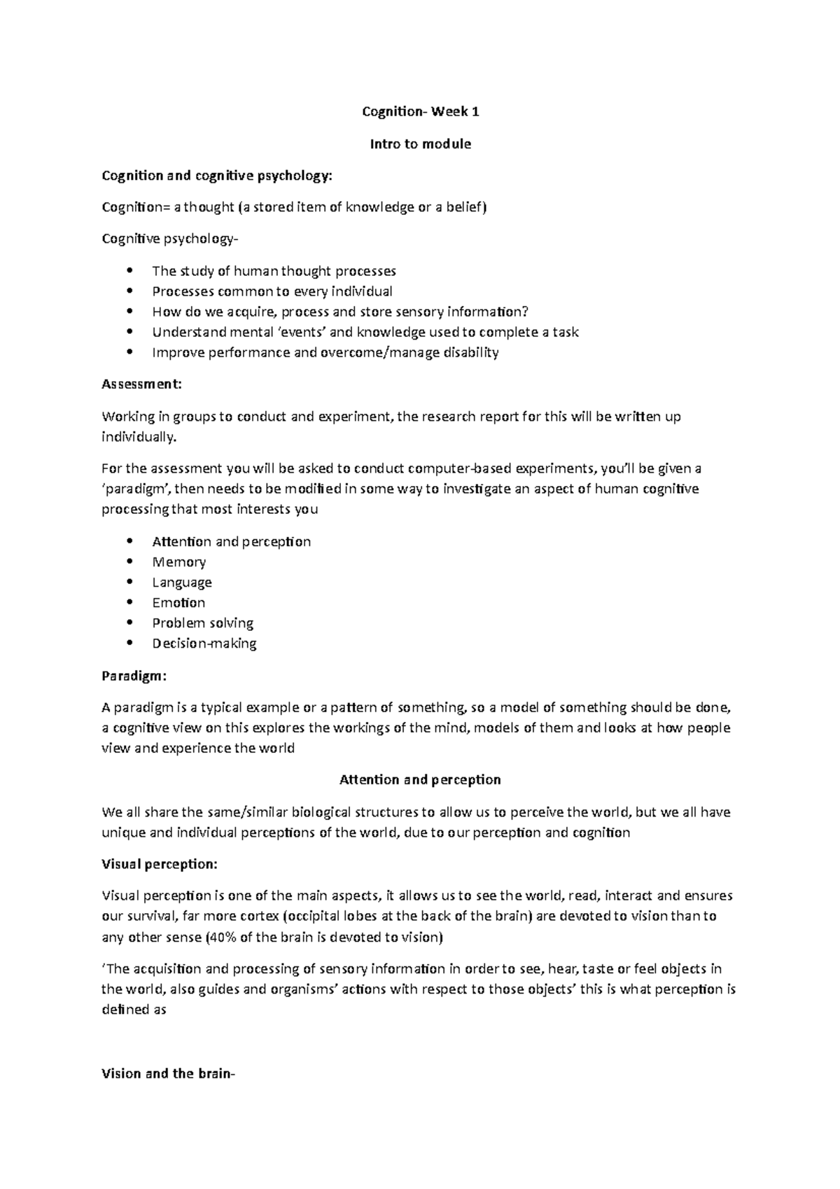 Week 1- attention and perception - Cognition- Week 1 Intro to module ...