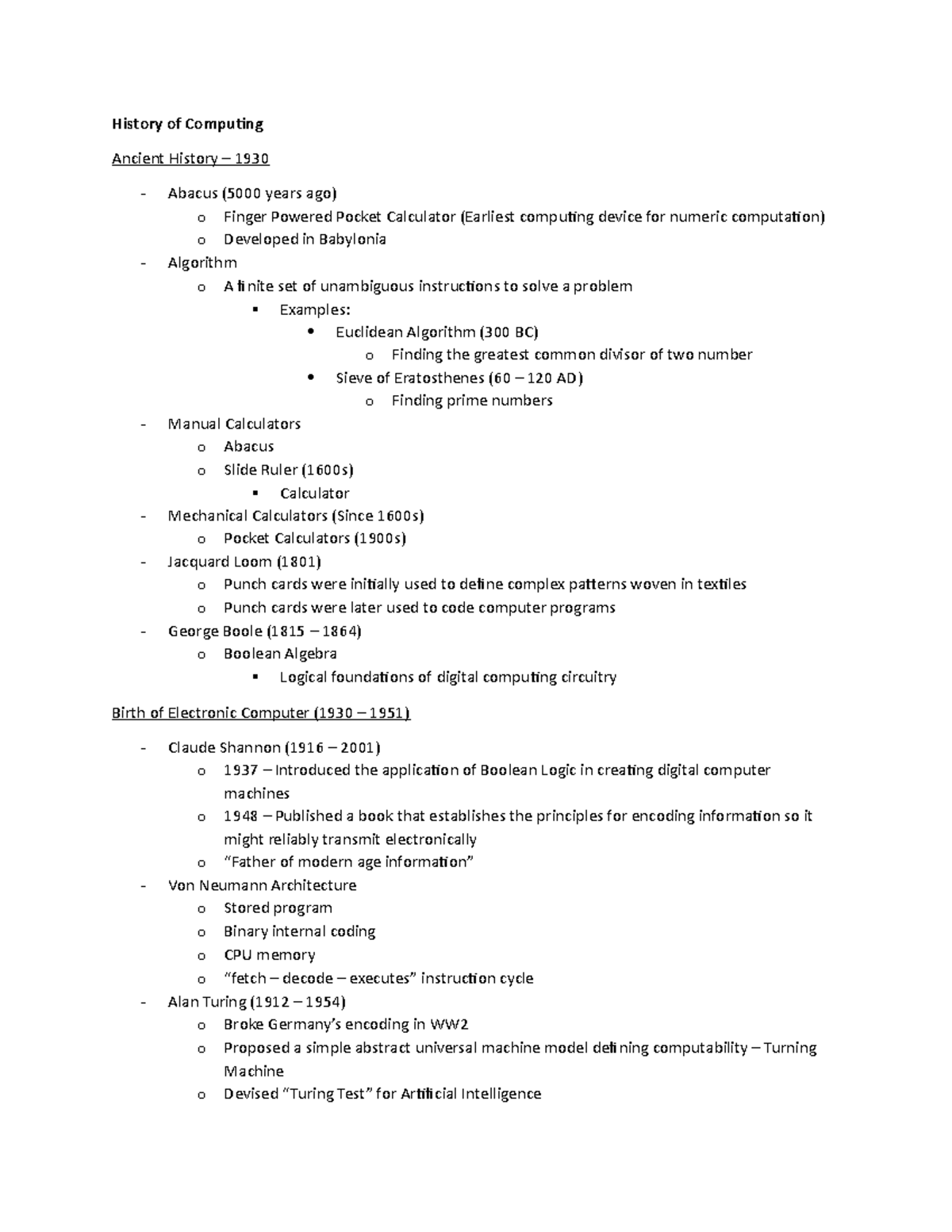 History of Computing - summary notes for the test 1 - History of ...