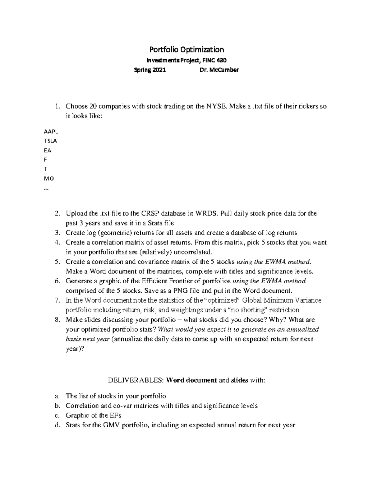 Project Instructions - Portfolio Optimization Investments Project, FINC 430 Spring 2021 Dr ...