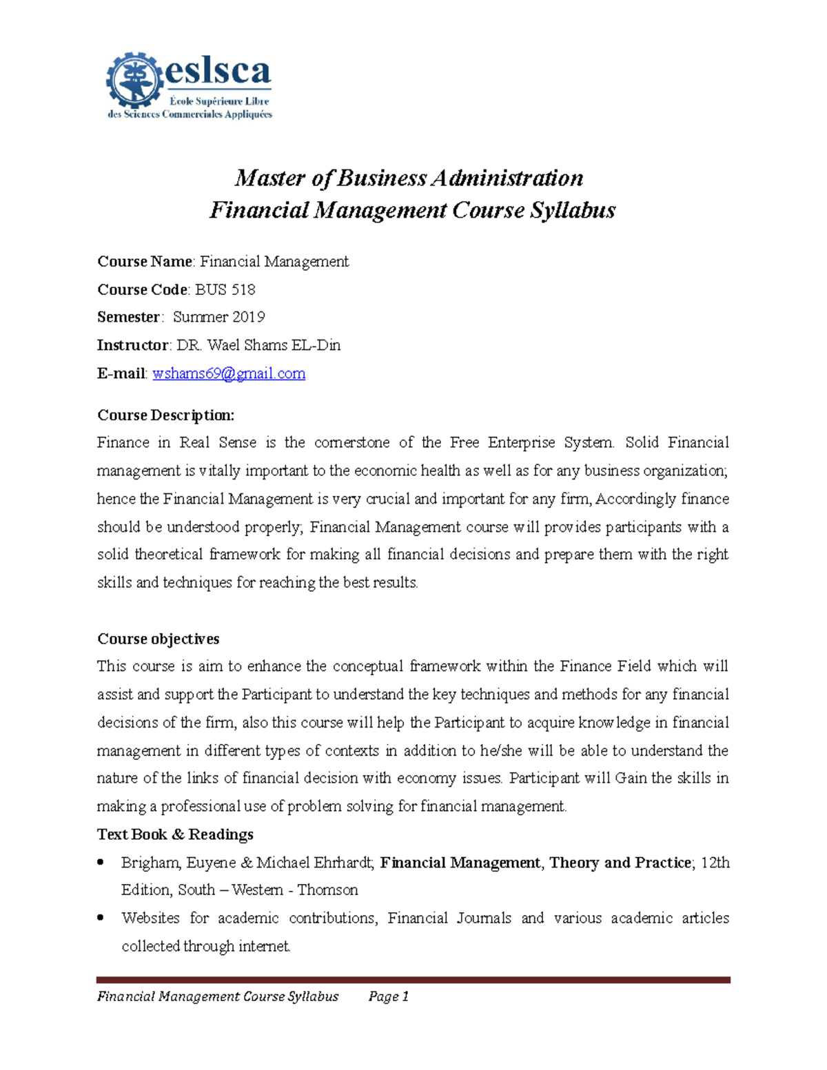 Financial Management Course Syllabus - Master of Business ...