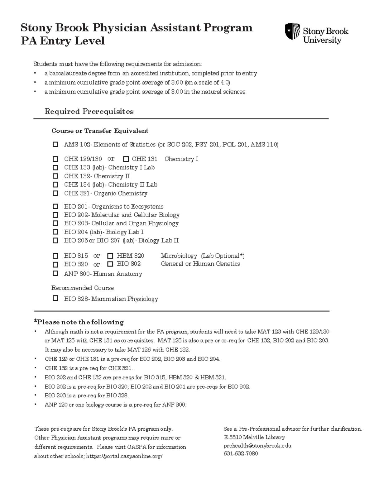 PA Checklist - Stony Brook Physician Assistant Program PA Entry Level ...