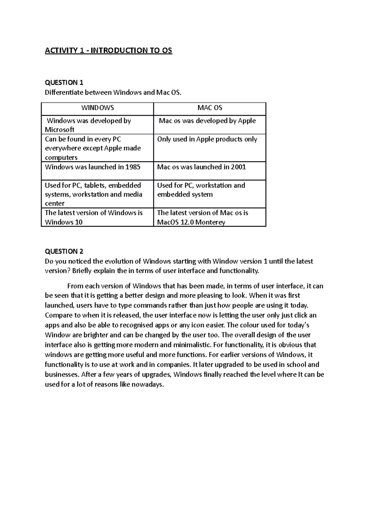 Activity 1 - Assignment - ACTIVITY 1 - INTRODUCTION TO OS QUESTION 1 ...