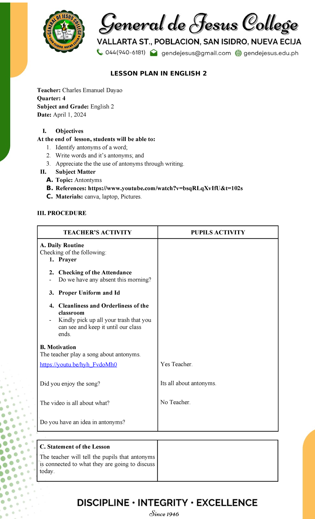English LP april 1 - thank you - LESSON PLAN IN ENGLISH 2 Teacher ...