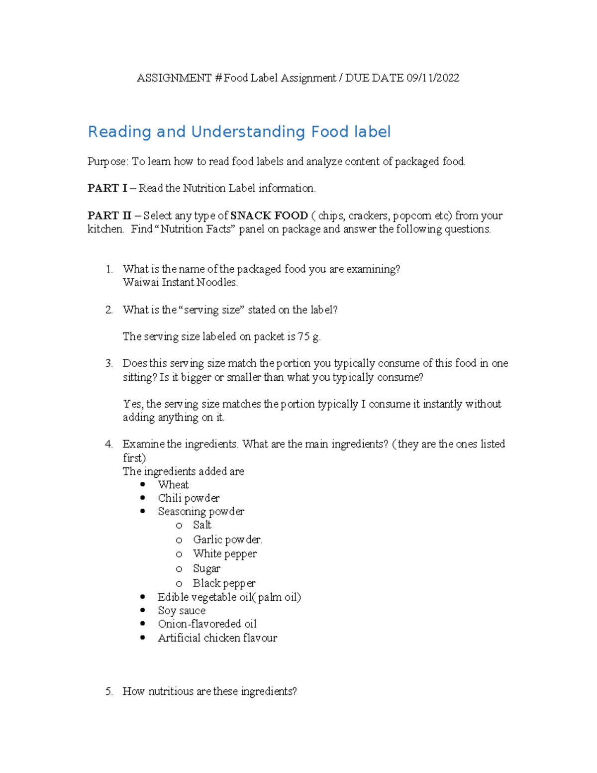 Food Label Assignment REV (1) - ASSIGNMENT # Food Label Assignment ...
