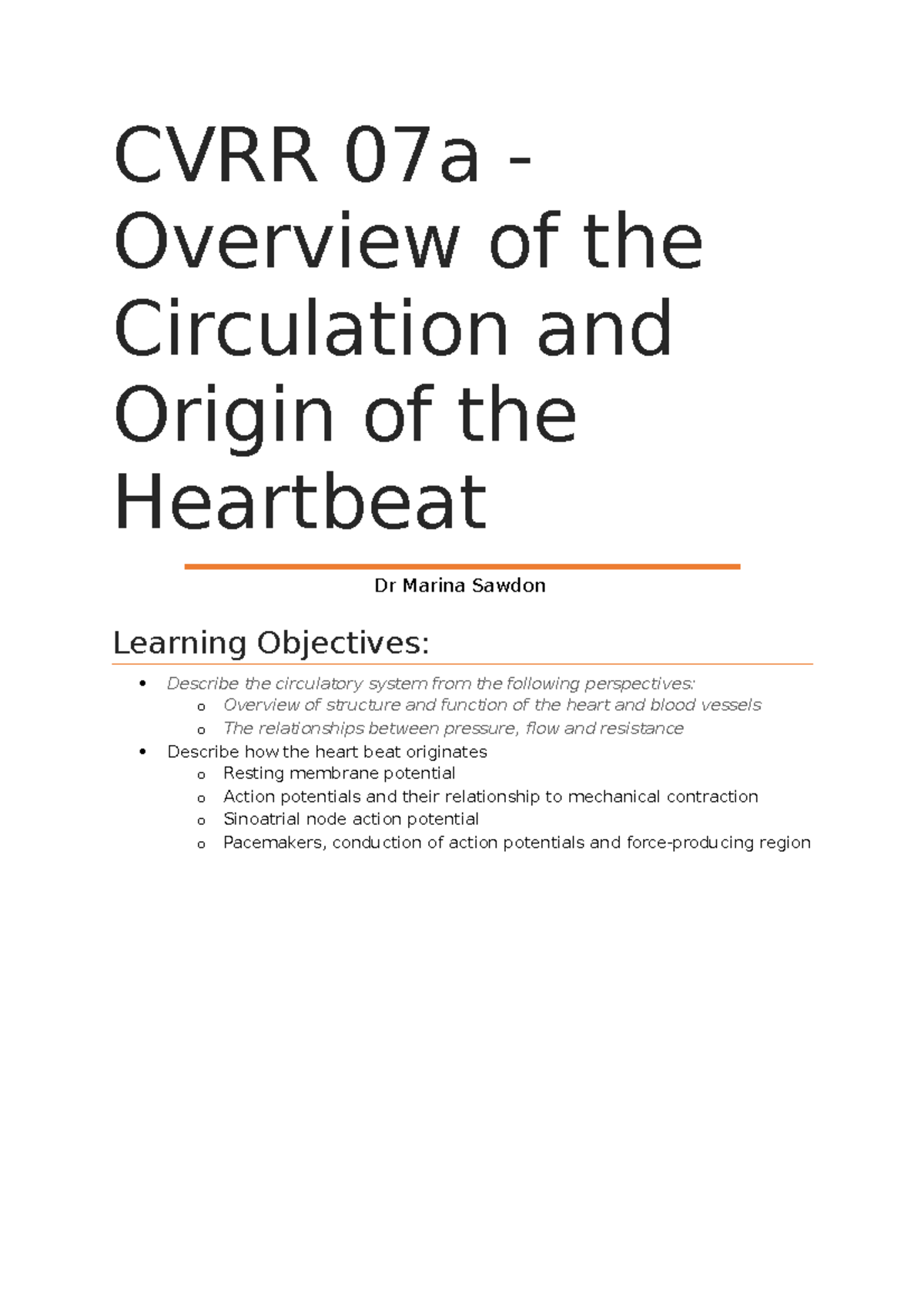 CVRR 07a Overview of the Circulation and Origin of the Heartbeat - CVRR ...