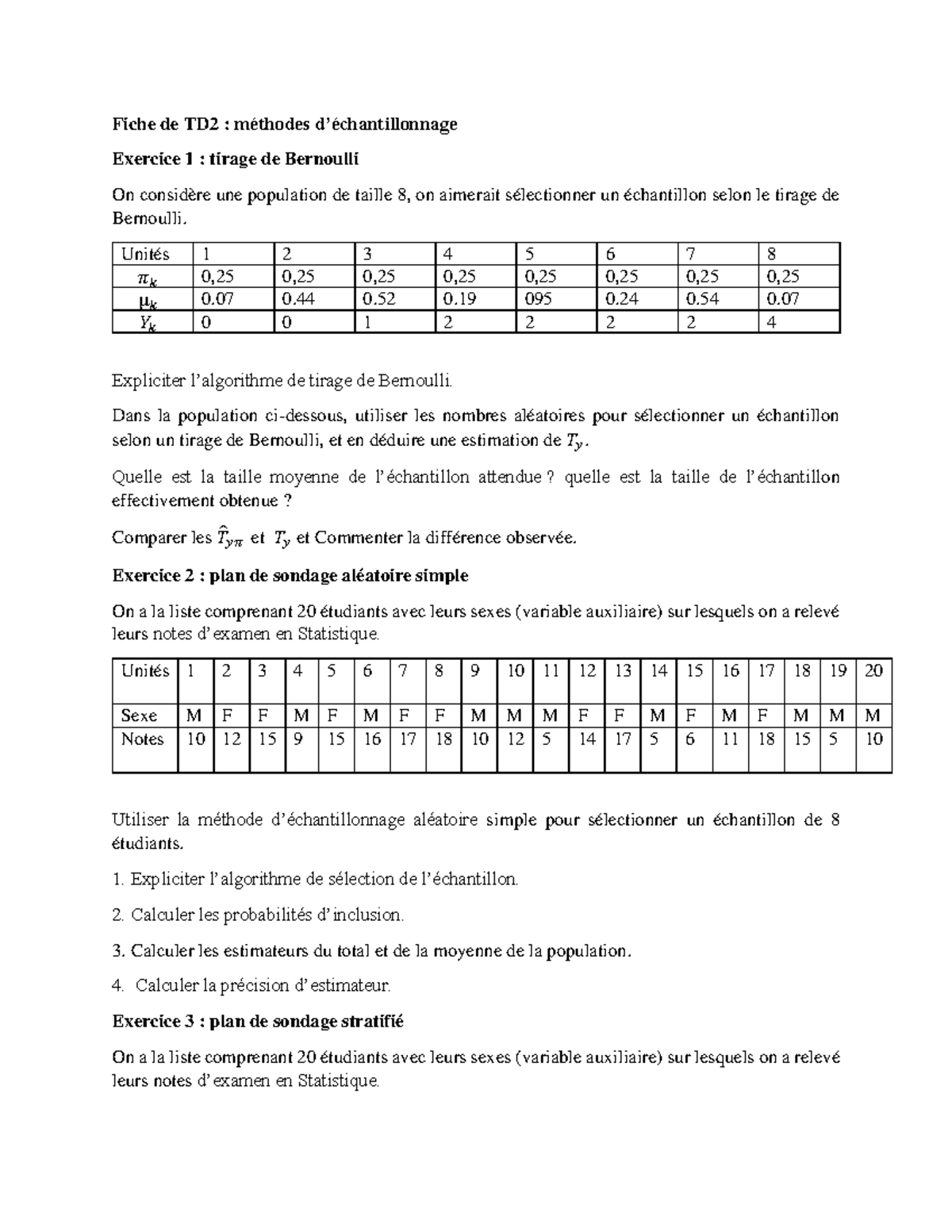 TD2 Sondage - traveaux dirige - Fiche de TD2 : méthodes d’échantillonnage Exercice 1 : tirage de ...