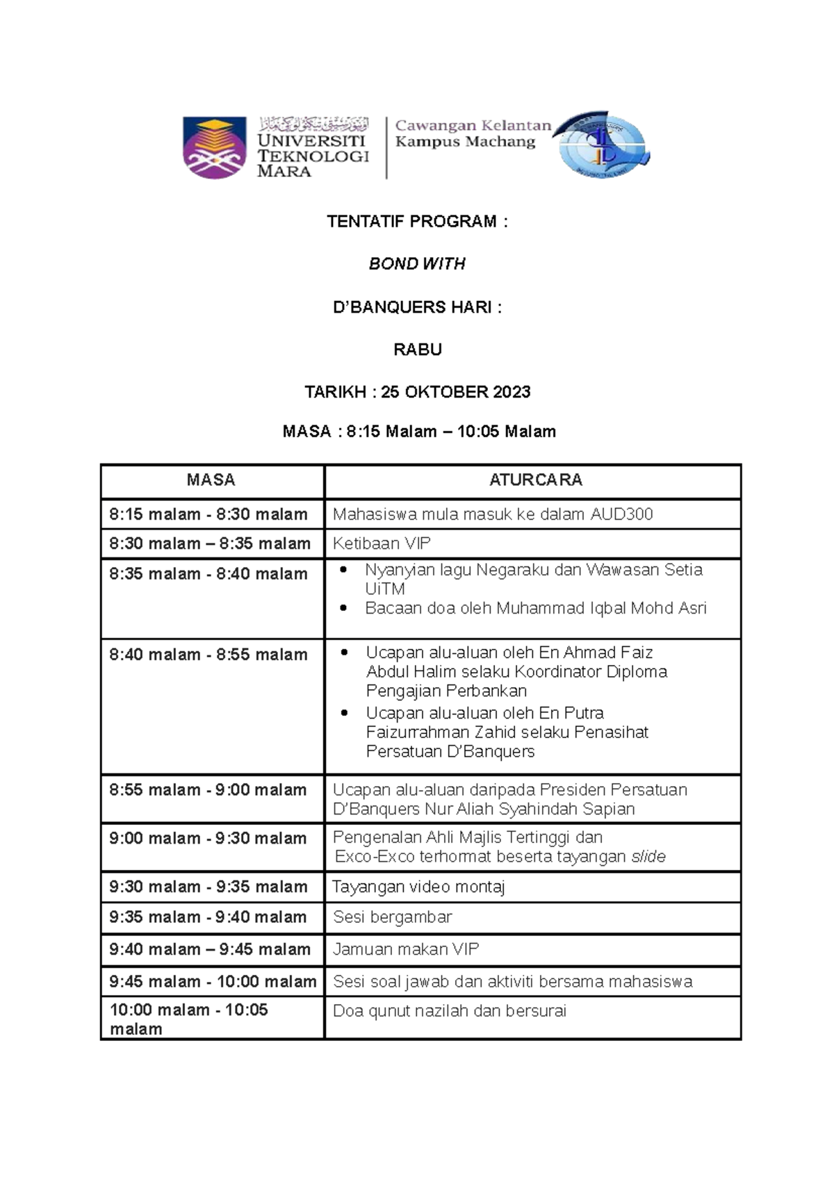 Tentatif Program Bwdbq - TENTATIF PROGRAM : BOND WITH D’BANQUERS HARI ...