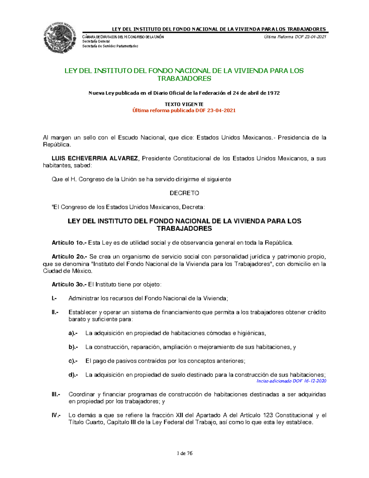 LEY Infonavit - C¡MARA DE DIPUTADOS DEL H. CONGRESO DE LA UNI”N SecretarÌa General SecretarÌa de ...