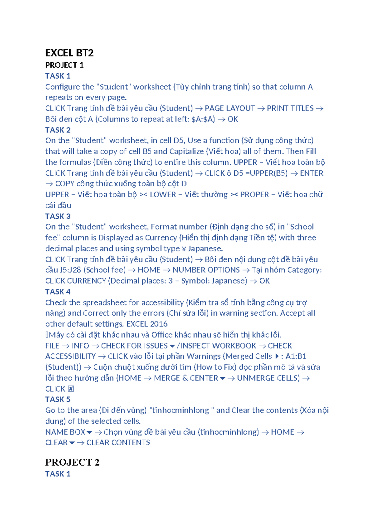 Excel BT2 - hvkjvjkj - EXCEL BT PROJECT 1 TASK 1 Configure the "Student" worksheet (Tùy - Studocu