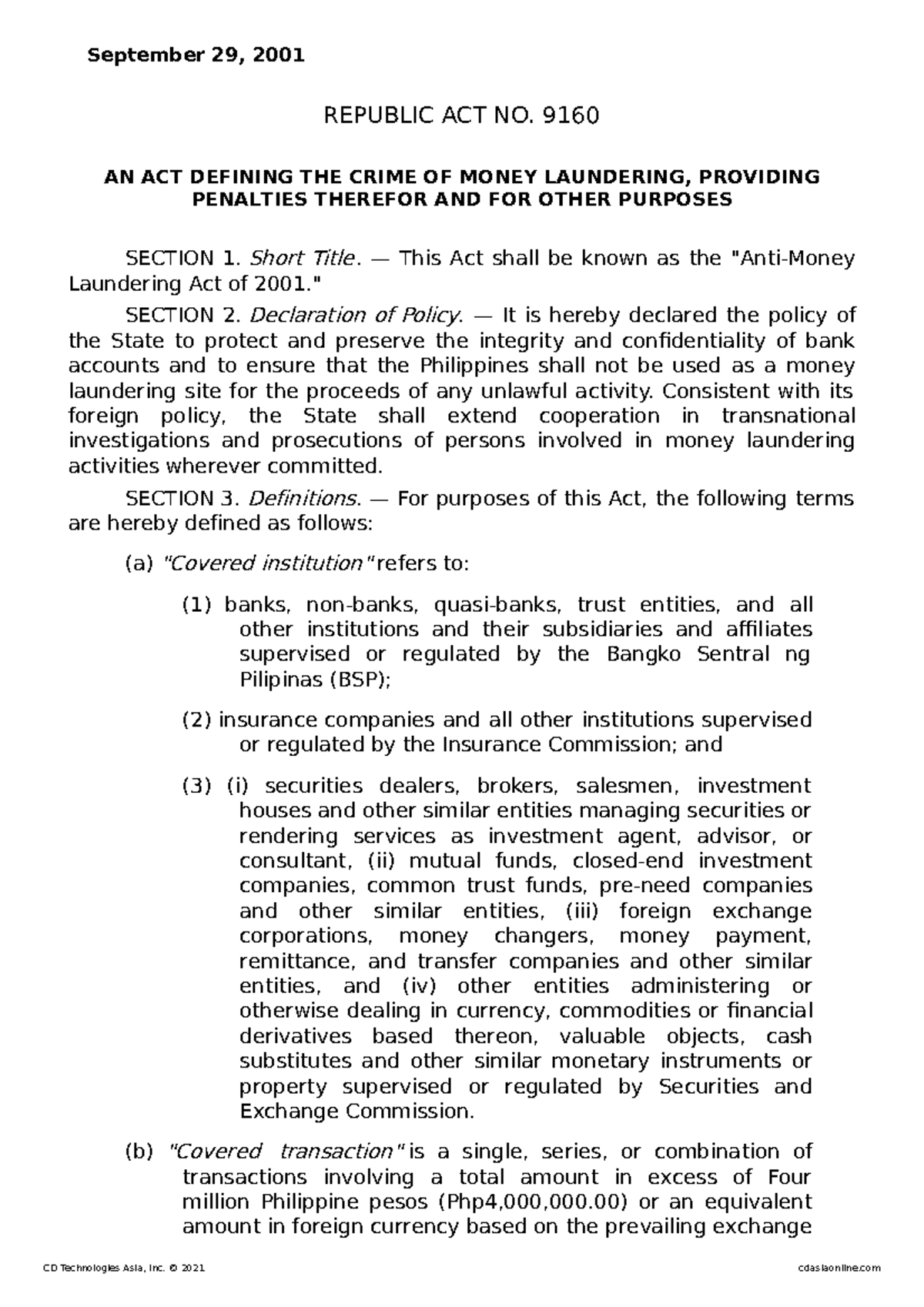 5.0 RA 9160 - Anti-Money Laundering Act - September 29, 2001 REPUBLIC ...