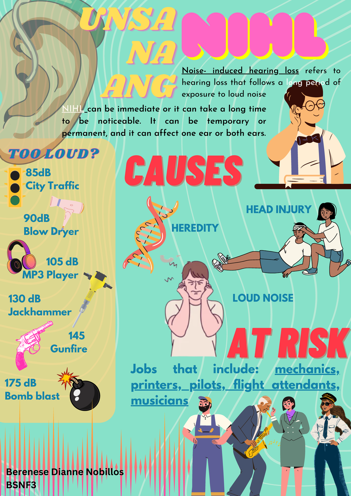 NF Poster for NIHL - 90dB Blow Dryer 175 dB Bomb blast UNSAUNSA UNSA NANA NA ANGANG ANG NIHL ...