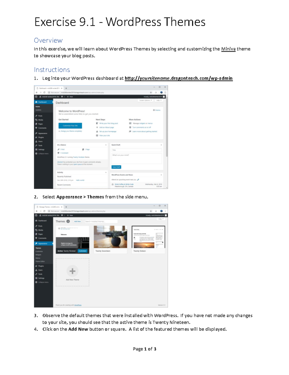 Exercise 9.1- Word Press Themes - Page 1 of 3 Exercise 9 - WordP ress Themes Overview In this ...