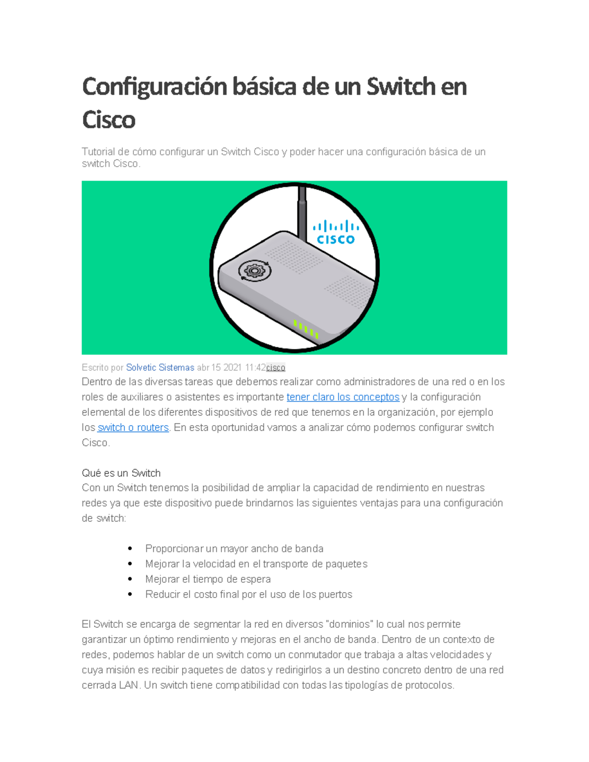 Configuración básica de un Switch en Cisco - Configuración básica de un ...