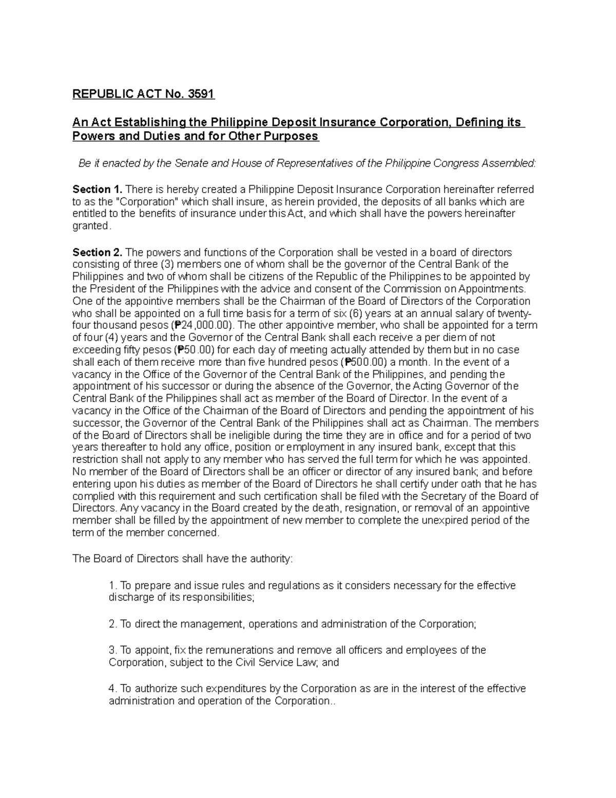RA 3591 - PDIC Law as amended by RA 9576 - REPUBLIC ACT No. 3591 An Act ...