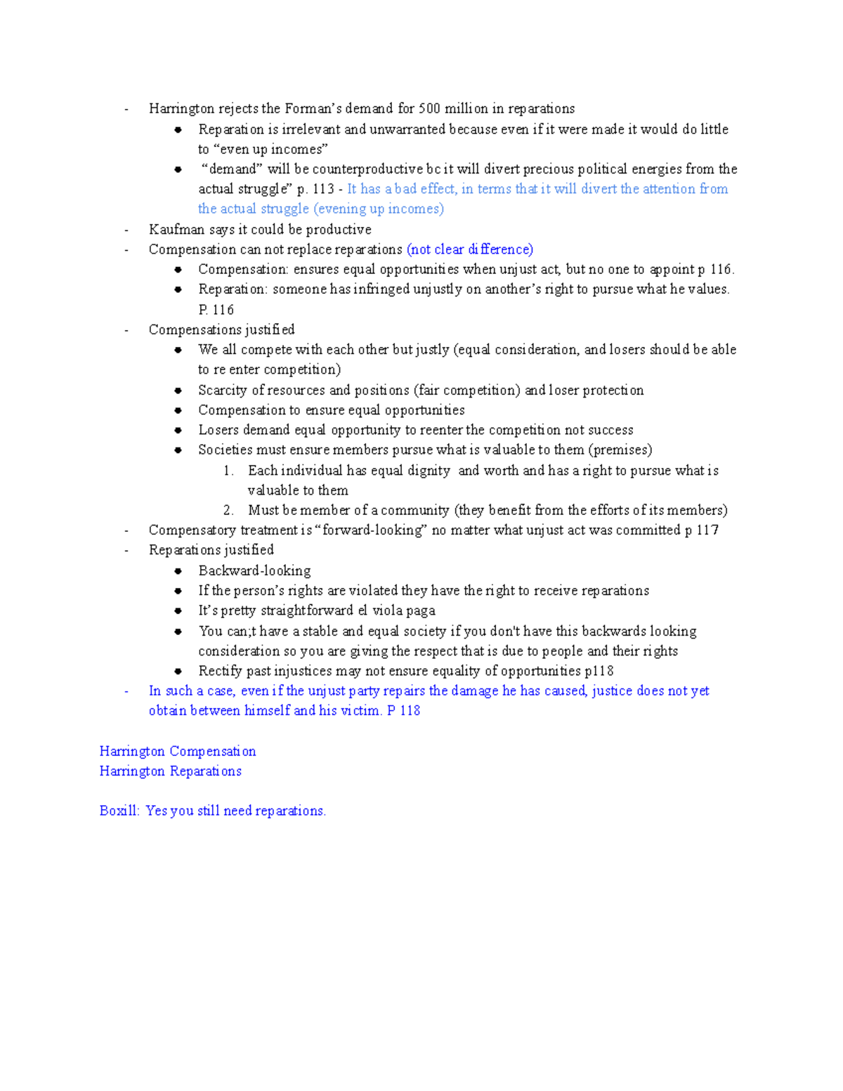 Boxill - notes from lecture - Harrington rejects the Forman’s demand ...