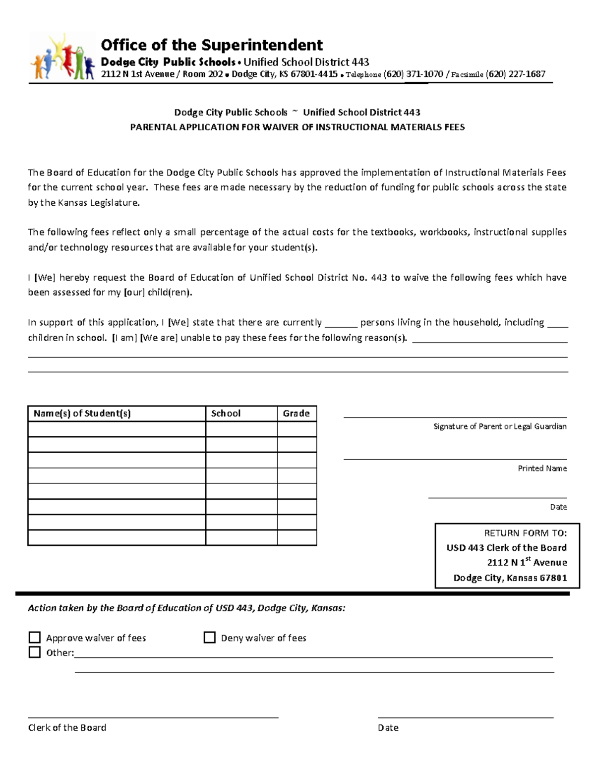Student fees waiver form - Office of the Superintendent Dodge City ...