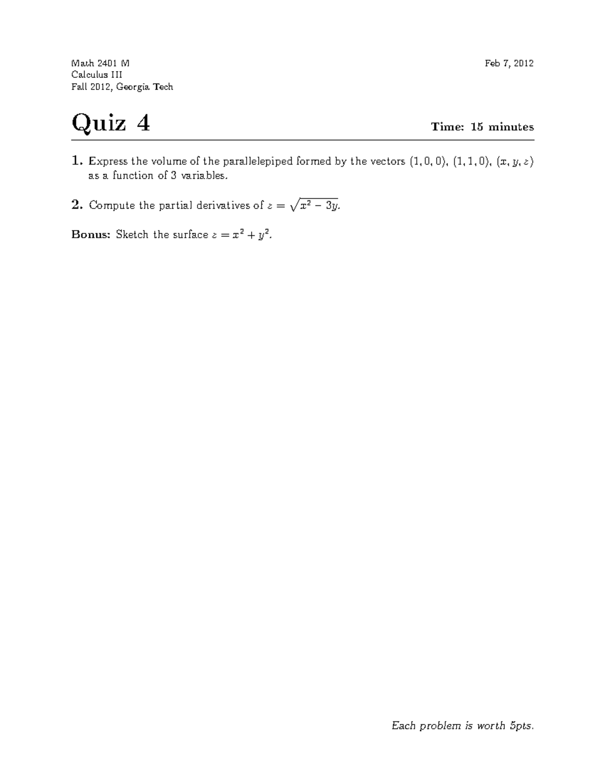 Seminar assignments - Quiz 1 - 11 (no solutions) - Math 2401 M Calculus ...