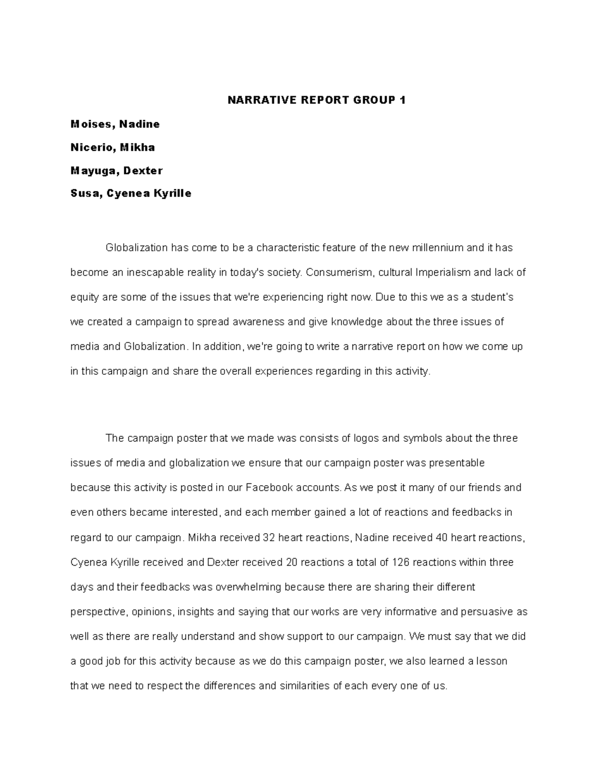 Group 1- Narrative- Report - NARRATIVE REPORT GROUP 1 Moises, Nadine ...