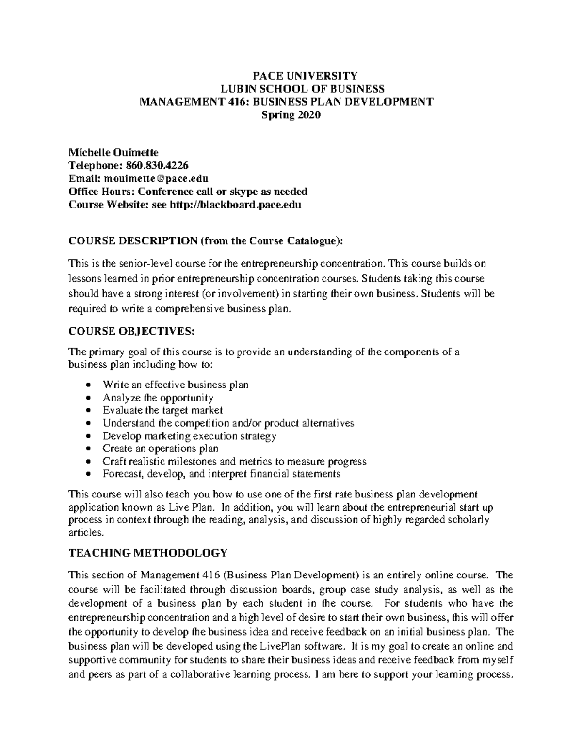 M Ouimette Business Plan Development Syllabus - PACE UNIVERSITY LUBIN ...